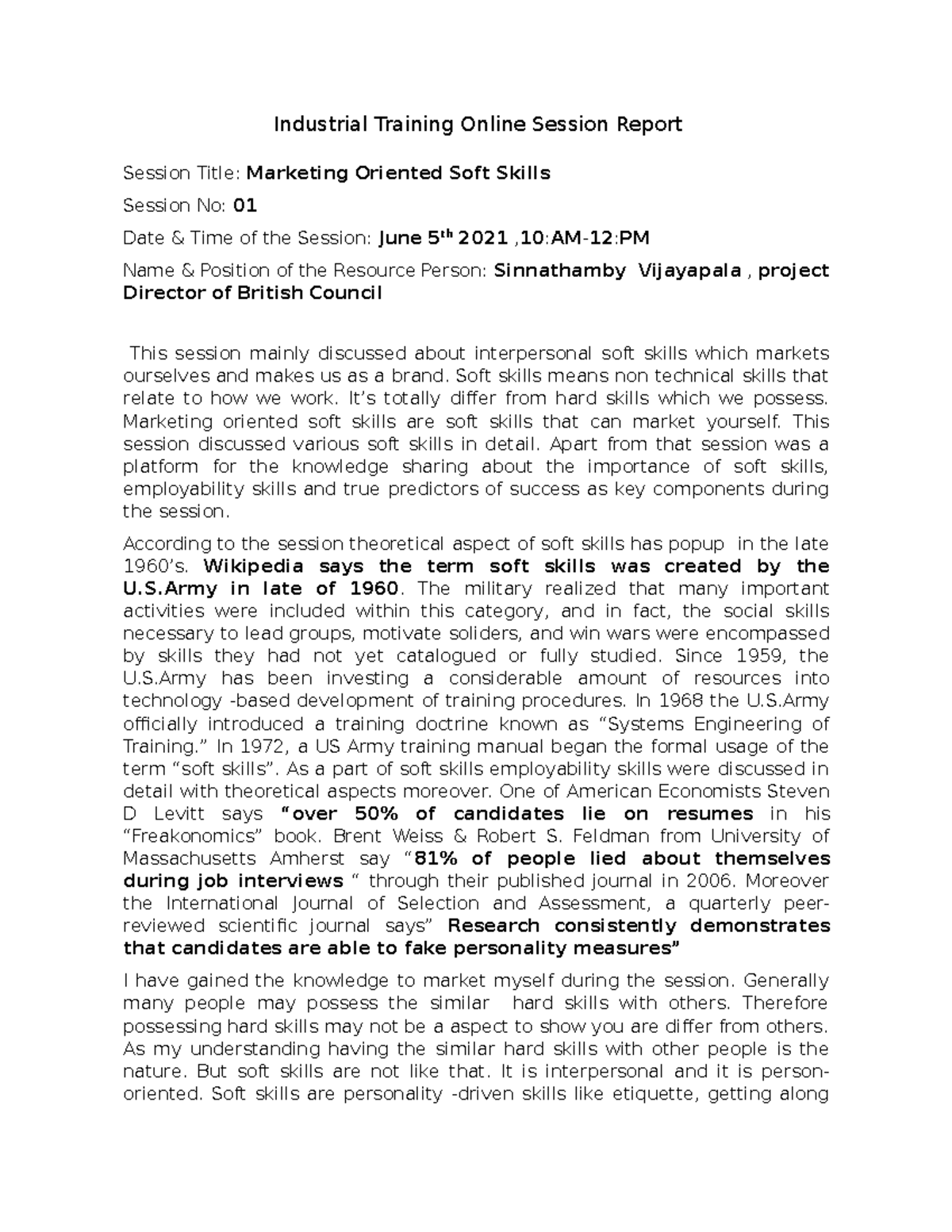 01 - MANAGEMENT - Industrial Training Online Session Report Session ...