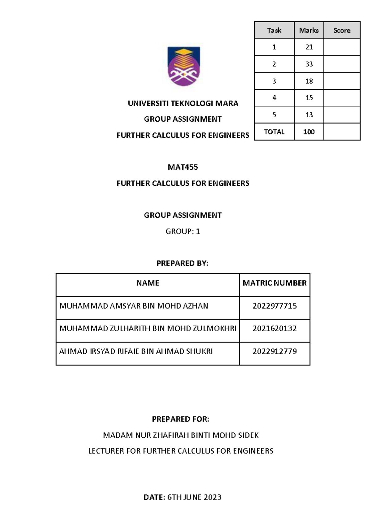 MAT 455 Group Assignment Group 1 - UNIVERSITI TEKNOLOGI MARA GROUP ASSIGNMENT FURTHER CALCULUS ...
