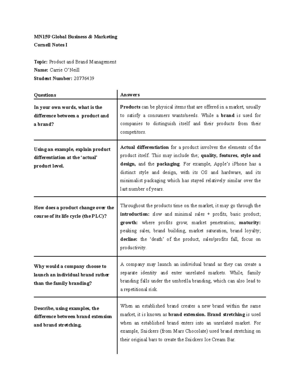 Cornell Notes I - Marketing (MN159) - MN159 Global Business & Marketing ...