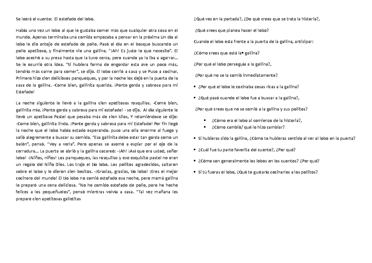 Actividades Estofado DEL LOBO - Se leerá el cuento: El estofado del ...