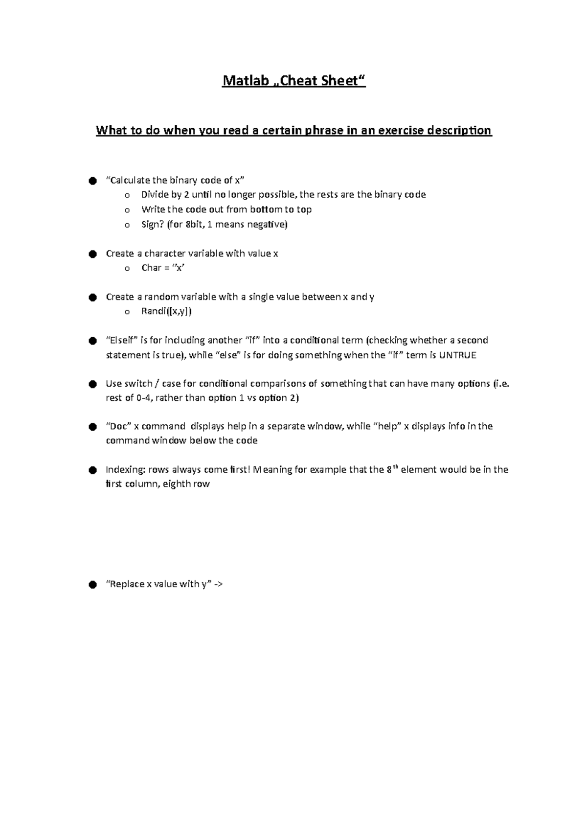 Matlab Cheat Sheet - Matlab „Cheat Sheet“ What to do when you read a ...