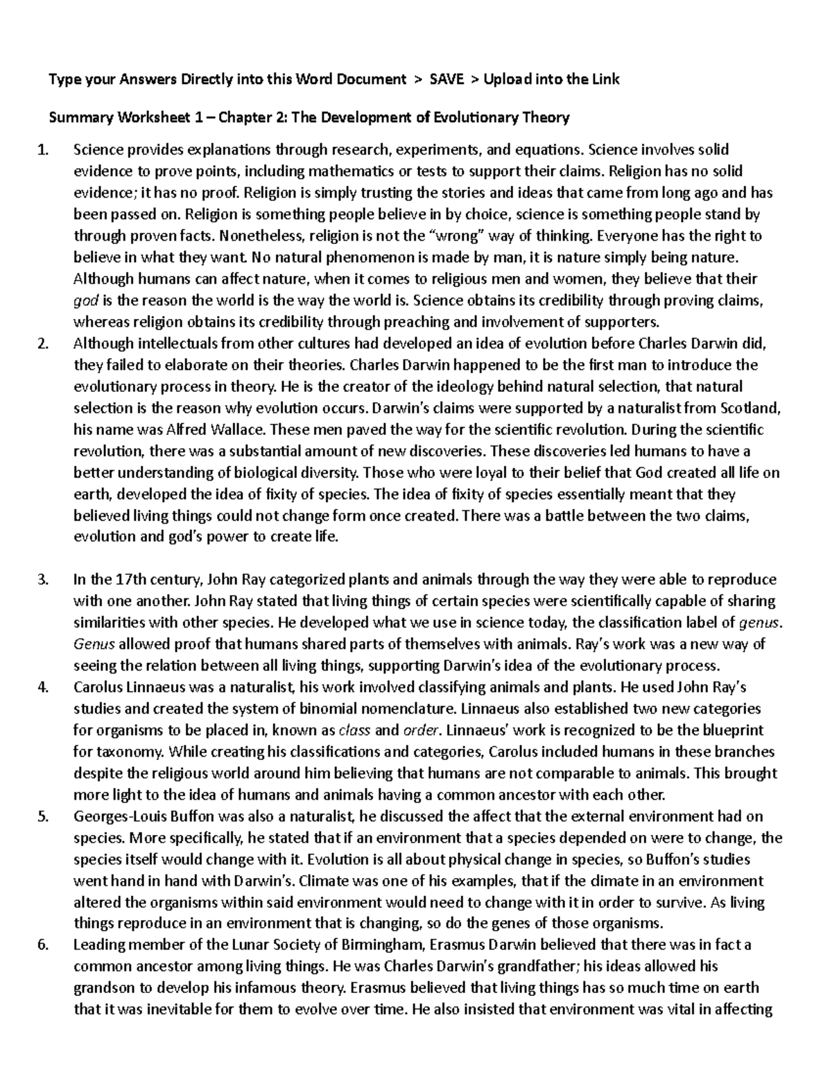 Summary Worksheet - SW #1 Ch2 - Evolutionary Theory - Type your Answers ...