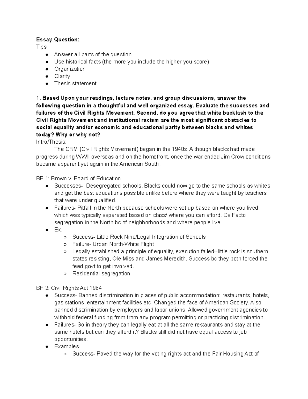 HTY 142 Final Study Guide - Essay Question: Tips: Answer all parts of ...