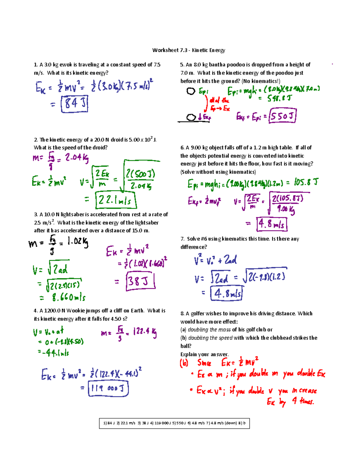 Worksheet 3 kinetic energy key - A 3 kg ewok is traveling at a constant ...