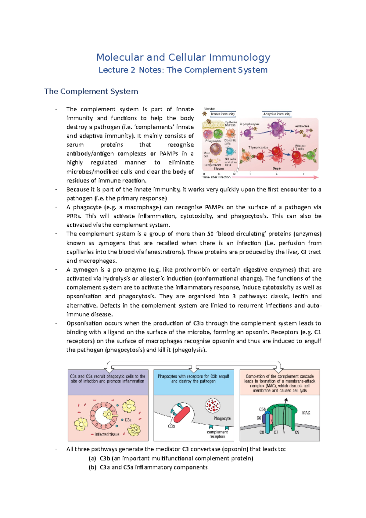 Lecture 2 Notes (The Complement System) - Molecular and Cellular ...