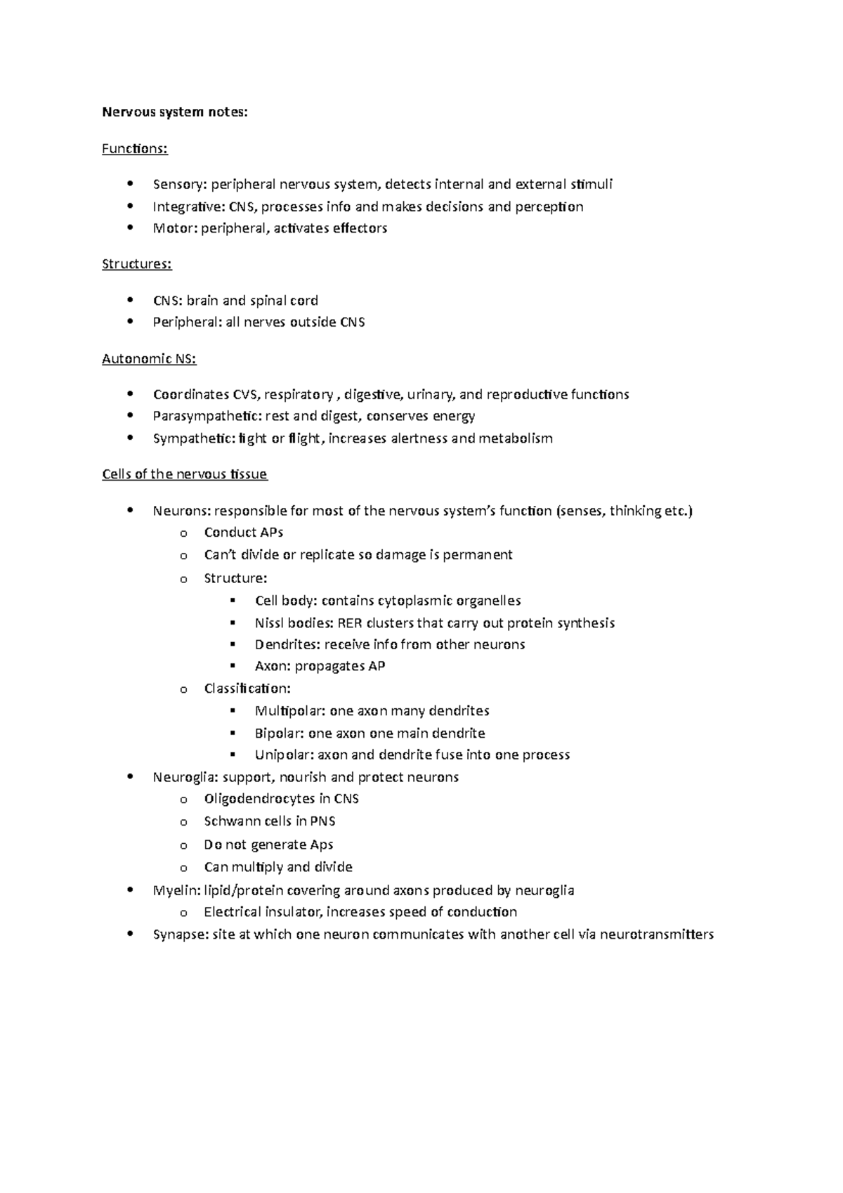 2. Nervous system notes anatomy and physiology - Nervous system notes ...