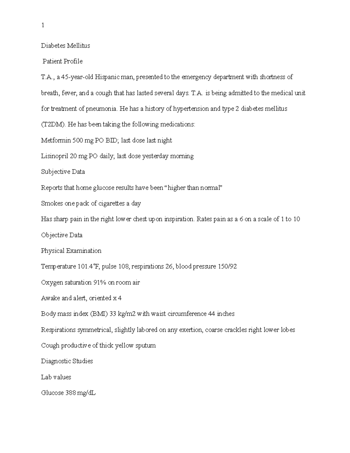 Case Study Diabetes Mellitus - Diabetes Mellitus Patient Profile T., a ...