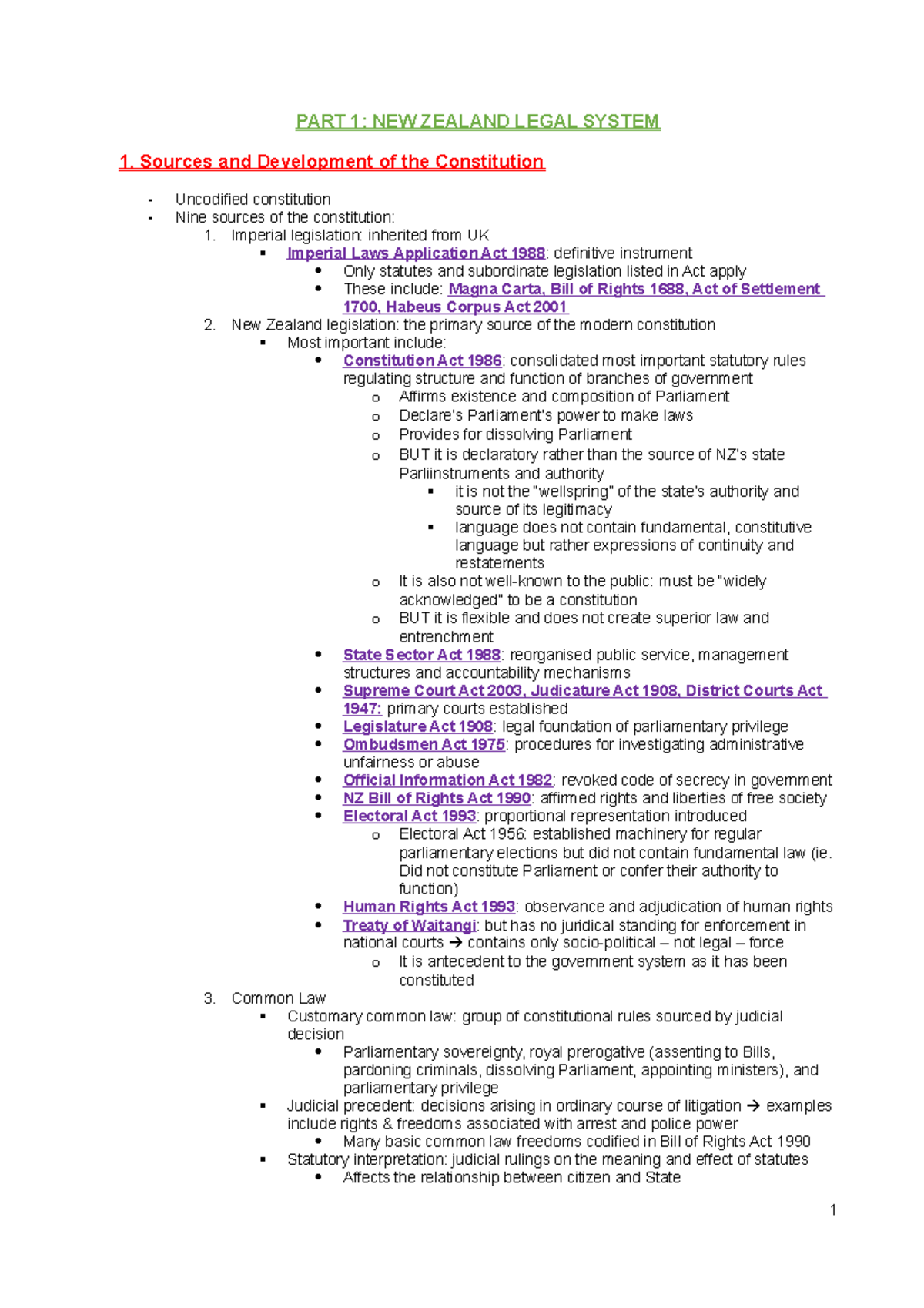 NZ Legal System - PART 1: NEW ZEALAND LEGAL SYSTEM 1. Sources and ...