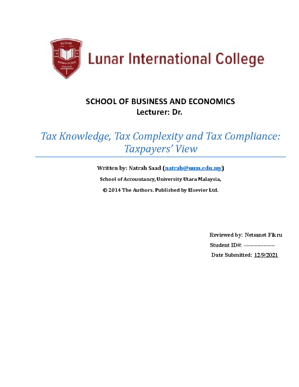 Article review Tax knowledge Tax Complexity and Tax Compliance Tax ...