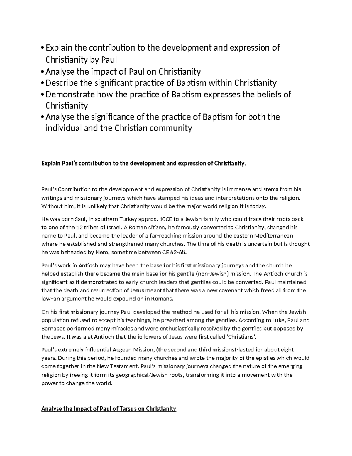 Religion Study Task 2 - Explain the contribution to the development and ...