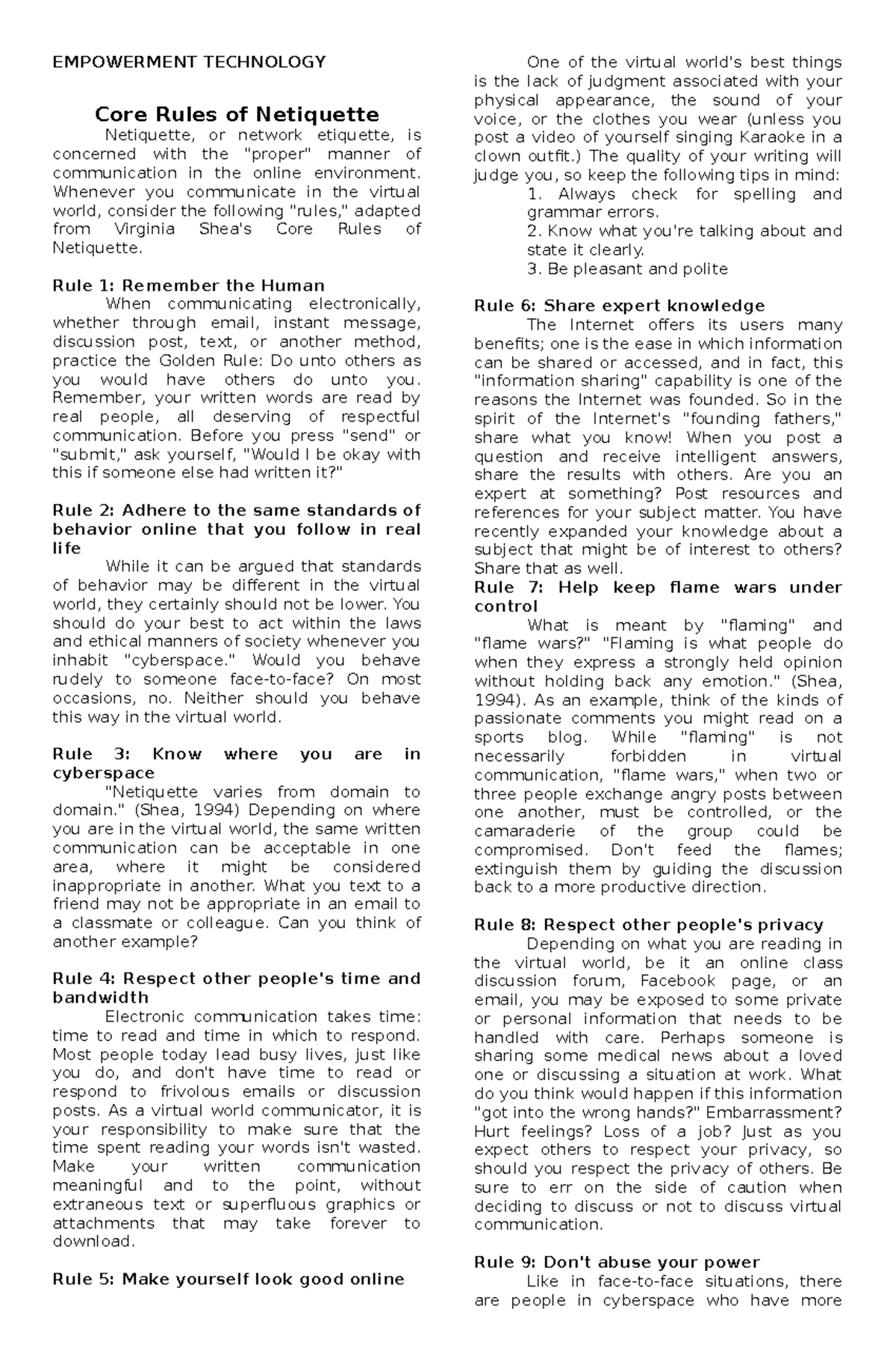 E-TECH- Handouts - EMPOWERMENT TECHNOLOGY Core Rules of Netiquette ...