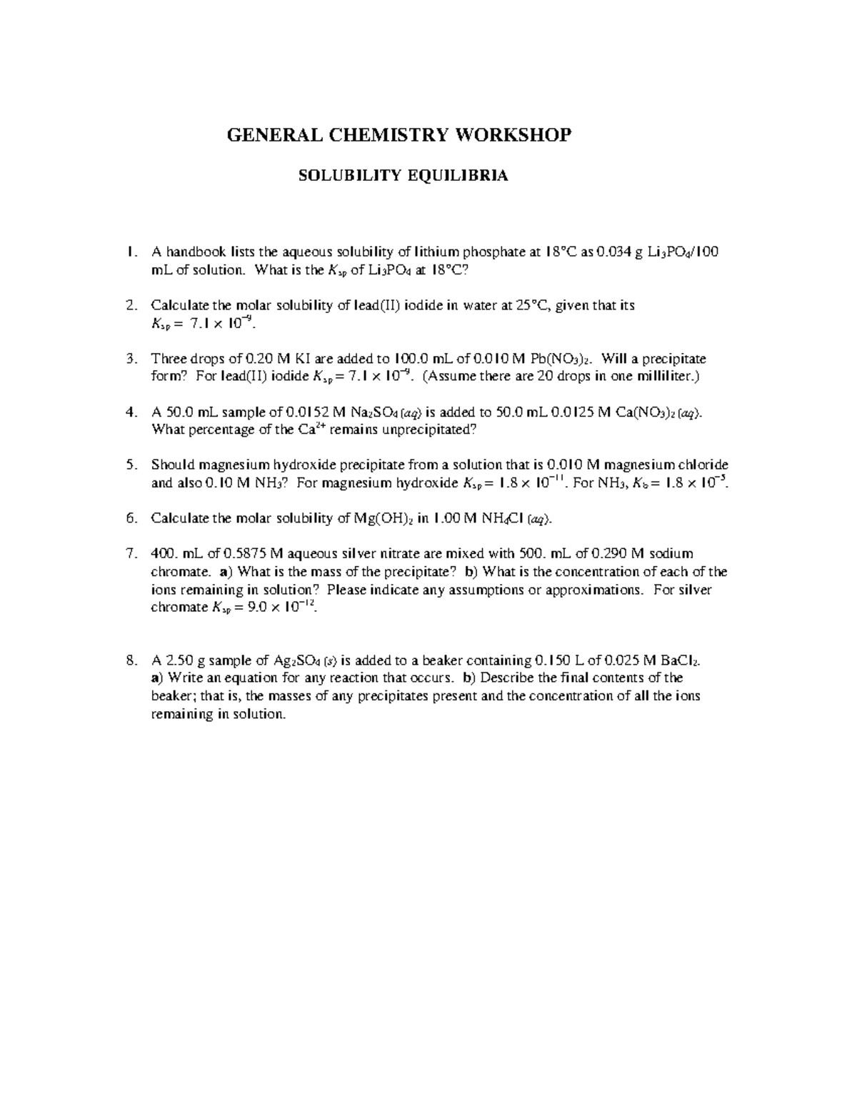 Solubilityworkshop - homework - GENERAL CHEMISTRY WORKSHOP SOLUBILITY ...