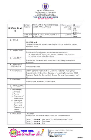 1 - lesson plan for gen math grade 11 - LESSON PLAN IN GENERAL ...