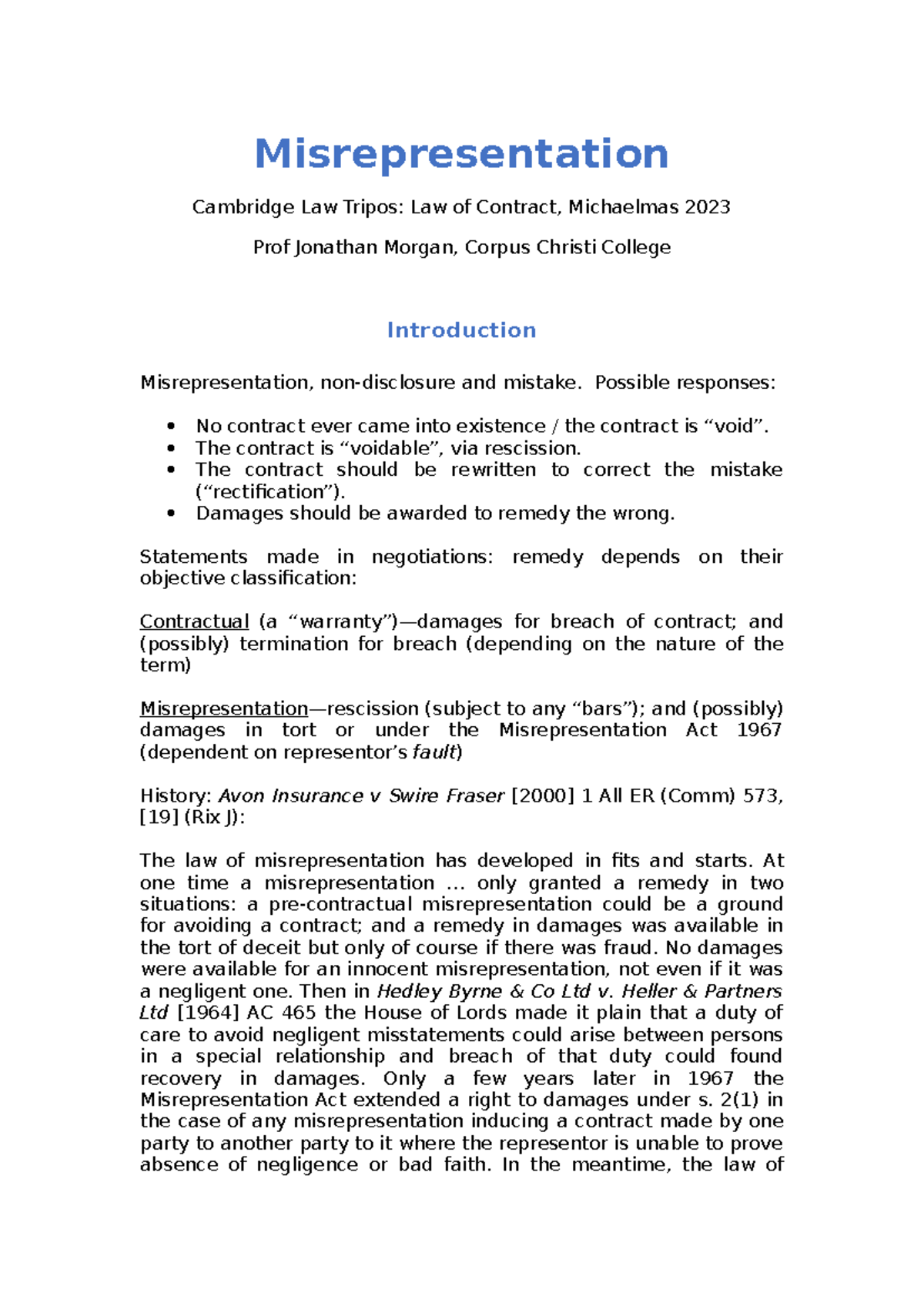 Misrep handout 2023 - Misrepresentation Cambridge Law Tripos: Law of ...