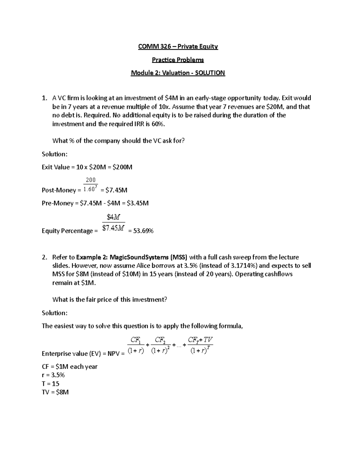 Module 2 Valuation - Solution - COMM 326 – Private Equity Practice Problems Module 2: Valuation ...