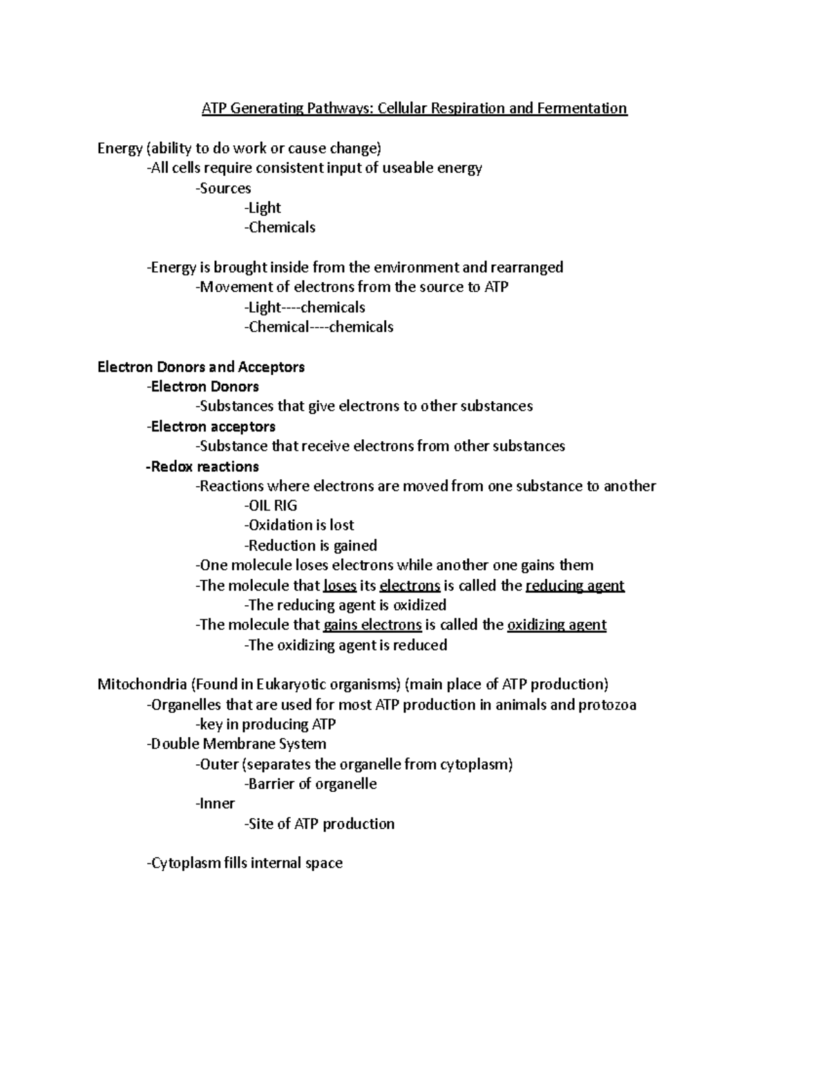 Unit 3 lecture notes - ATP Generating Pathways: Cellular Respiration ...