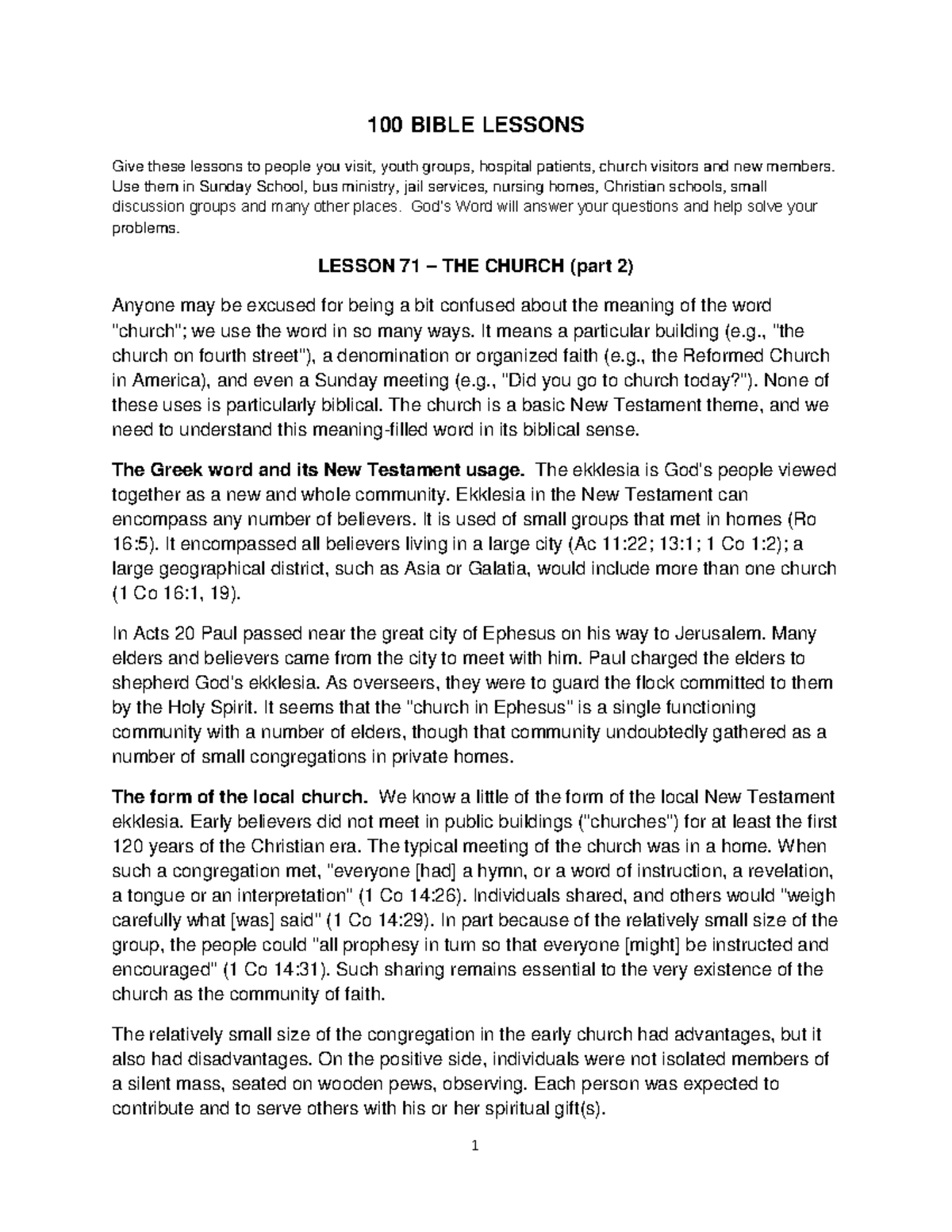 100 Bible Lessons Lesson 71 - 1 100 BIBLE LESSONS Give these lessons to ...