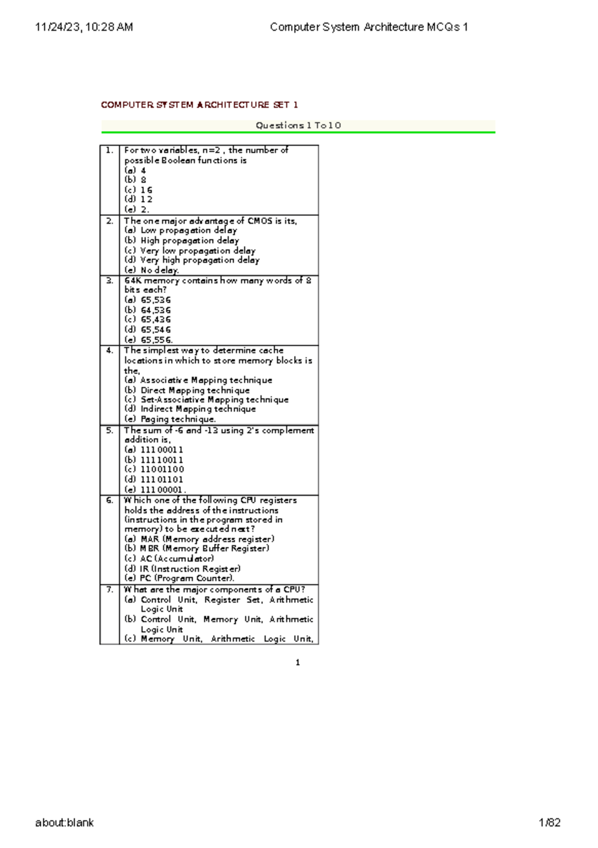 Computer System Architecture Mcqs 1 Computer System Architecture Set 1 Questions 1 To 10 For