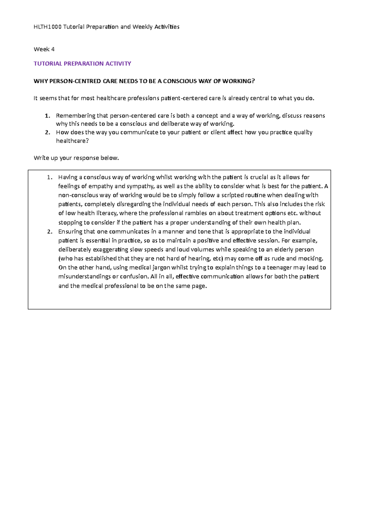 Weekly 4 tutorial preparation and weekly activities - HLTH1000 Tutorial ...