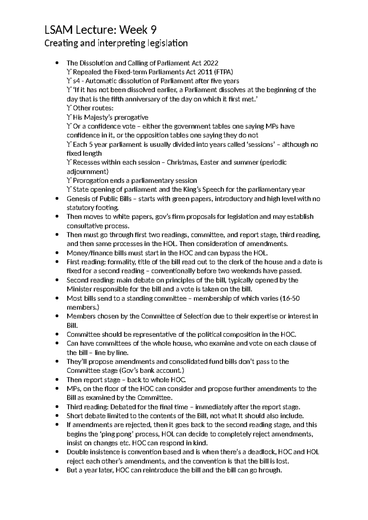 Week 9 LSAM Lecture - Creating and interpreting legislation The Dissolution and Calling of - Studocu