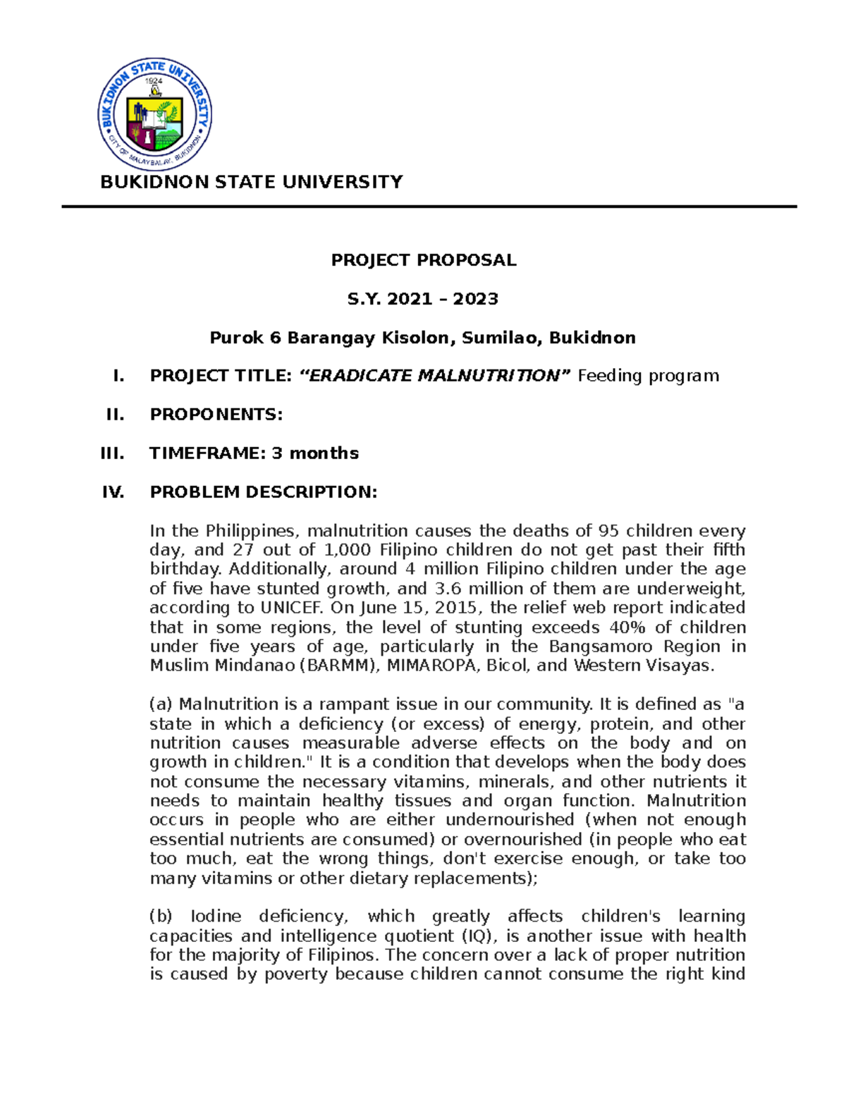 Social Issues Proposal - BUKIDNON STATE UNIVERSITY PROJECT PROPOSAL S ...