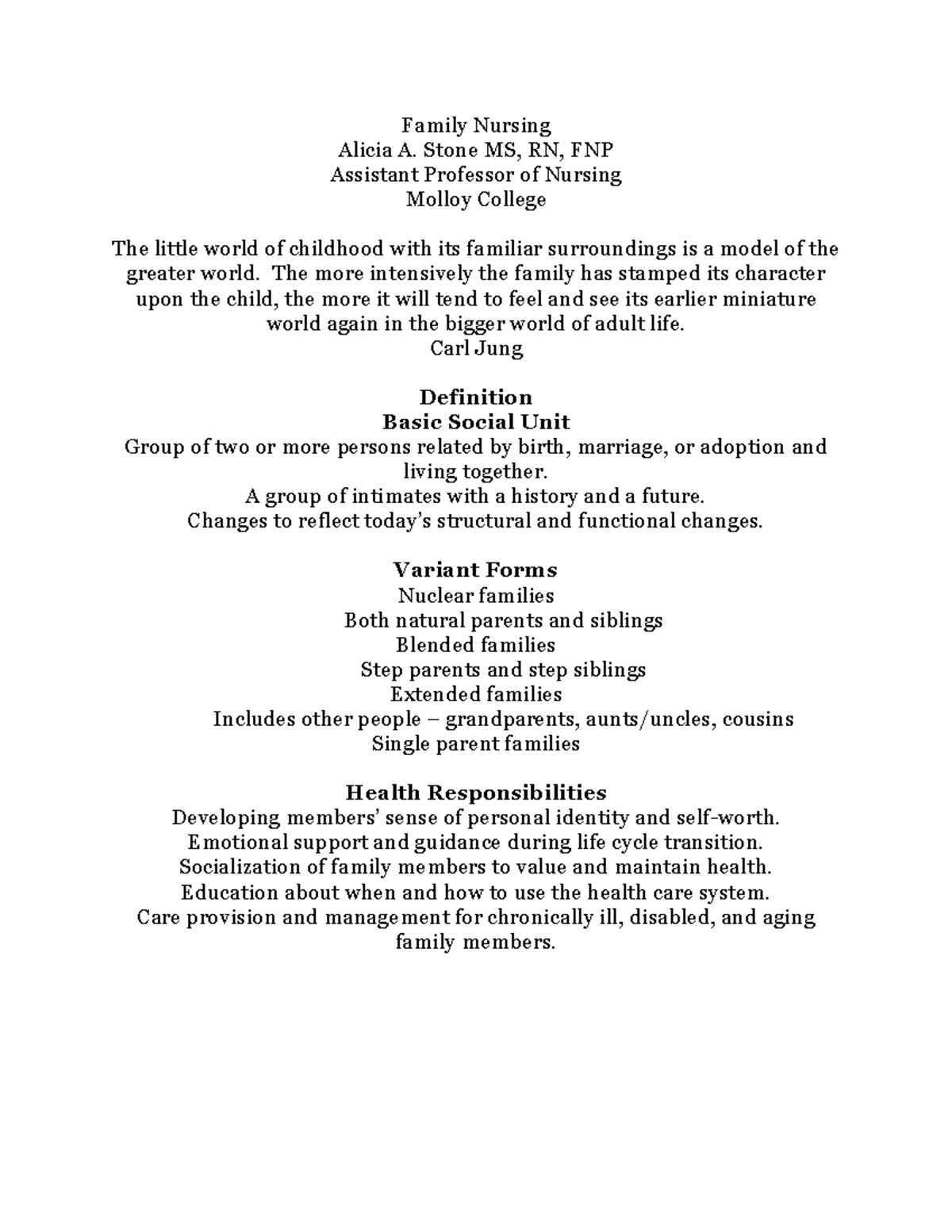 Family Nursing PPT Outline - Family Nursing Alicia A. Stone MS, RN, FNP ...