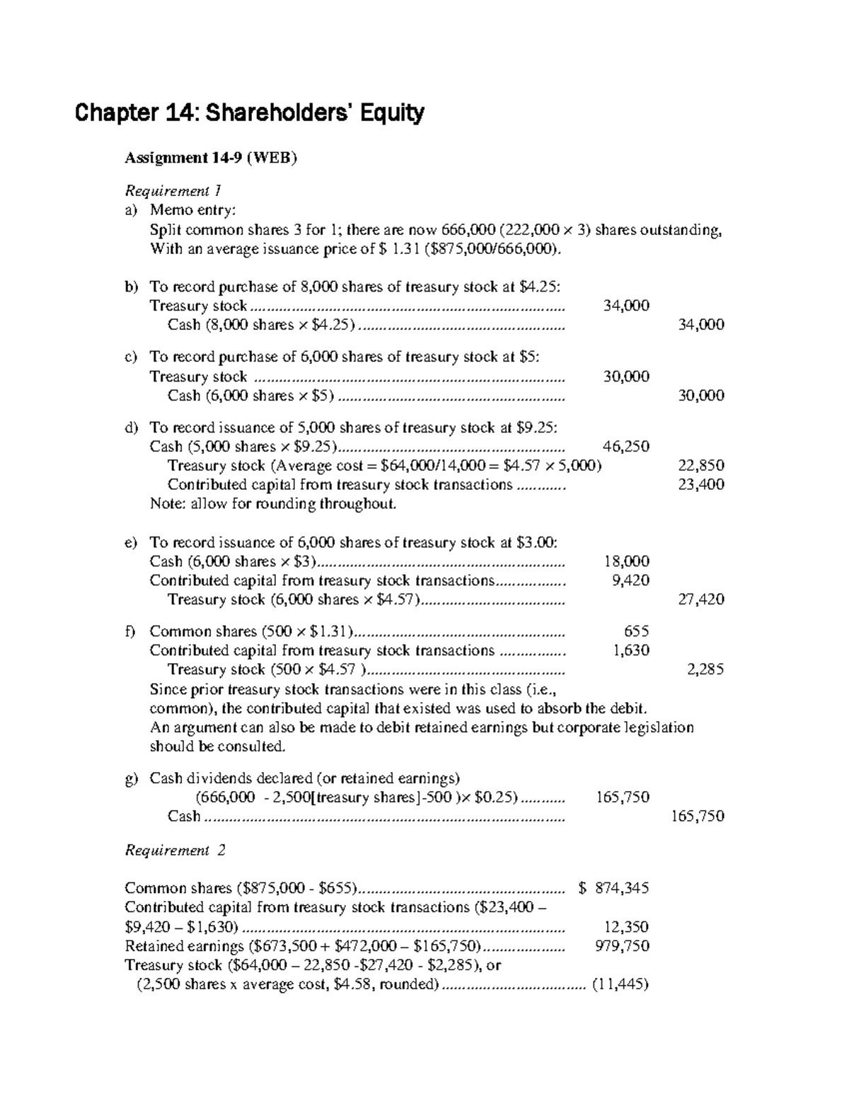 Beechy 7e V2 Student Solutions Ch14 - Chapter 14 : Shareholders’ Equity Assignment 14-9 (WEB ...
