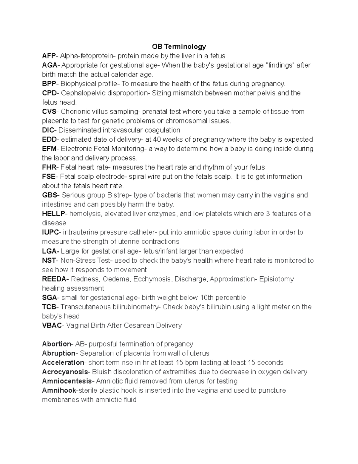 FILE 3342 - Practice questions - OB Terminology AFP- Alpha-fetoprotein ...