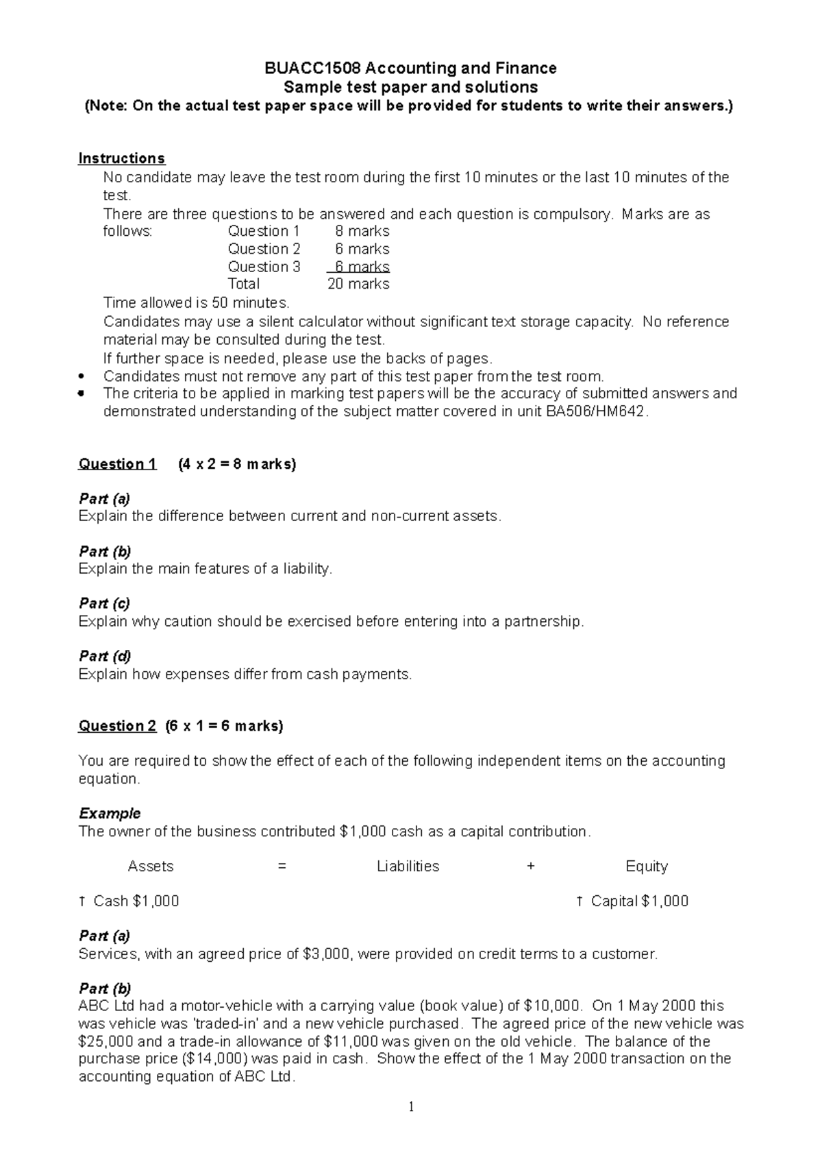 BUACC1508 Practice Test A Solutions - BUACC1508 Accounting and Finance ...