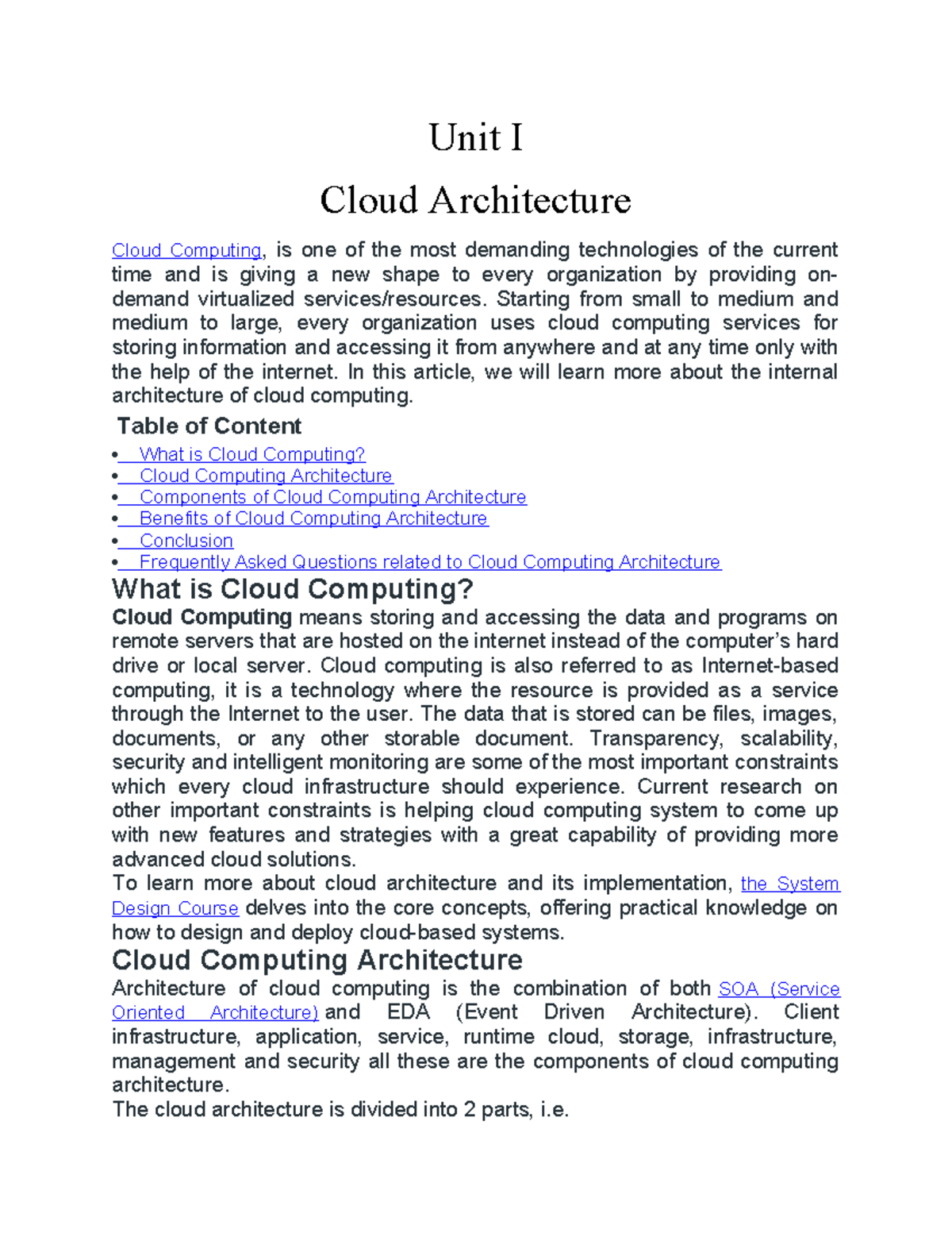 Cloud notes - FIRST TWO UNITS - Unit I Cloud Architecture Cloud ...
