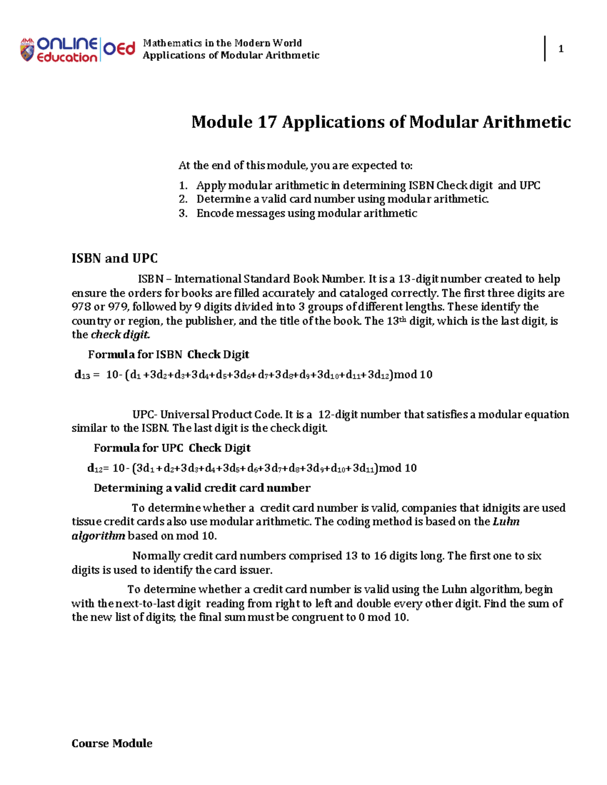 Module 17 Applications of Modular Arithmetic - Mathematics in the Modern World Applications of ...