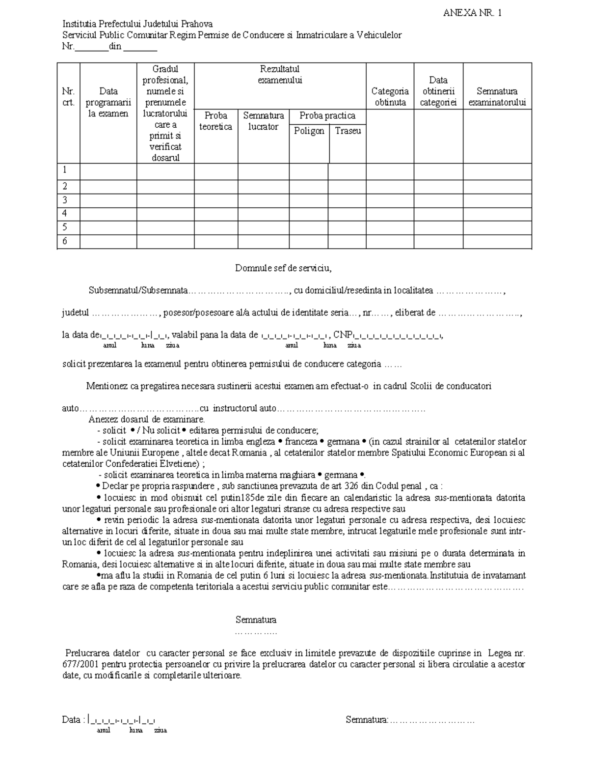 Cerere tip pentru sustinerea examenului in vederea obtinerii permisului ...