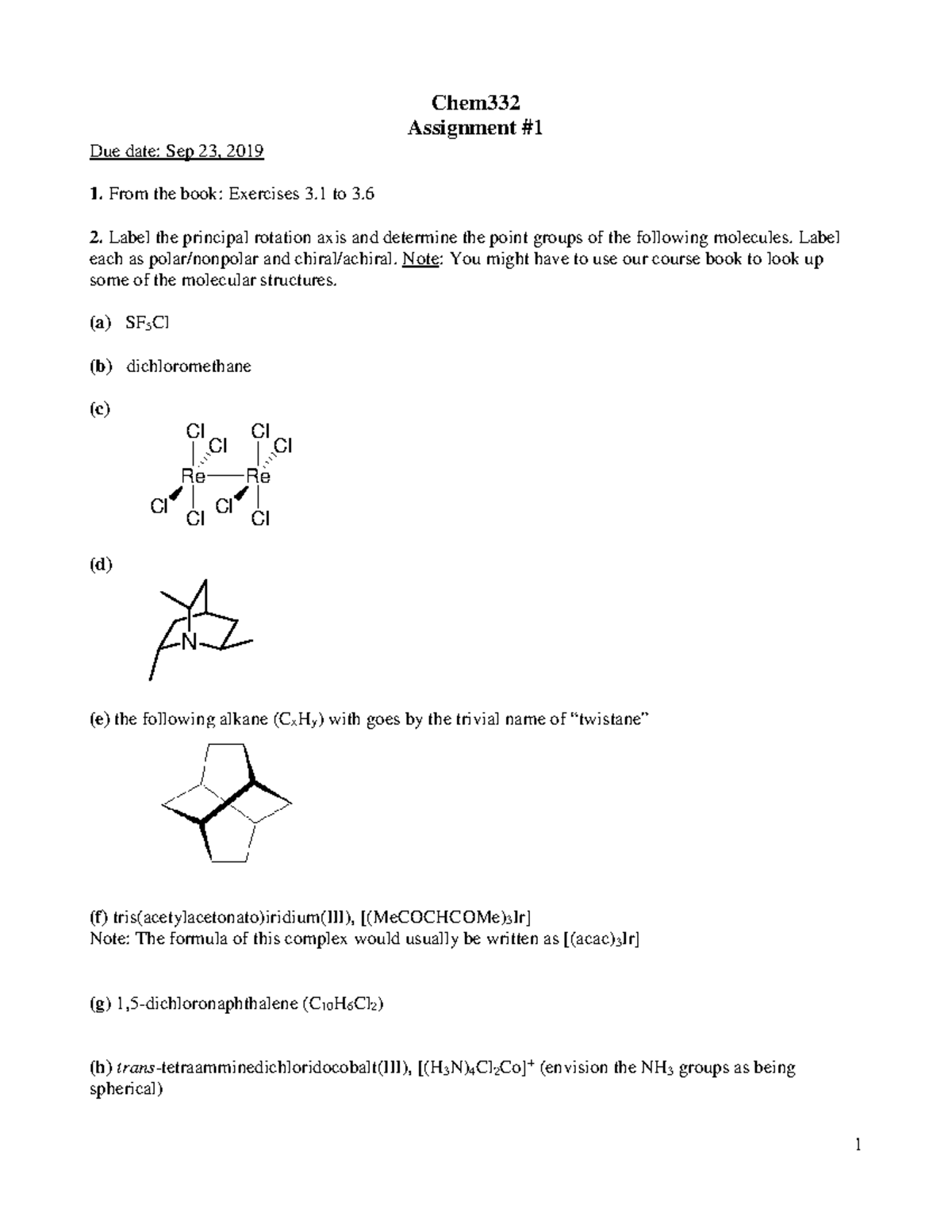 01 assignment - Symmetry - 1 Chem Assignment Due date: Sep 23, 2019 ...
