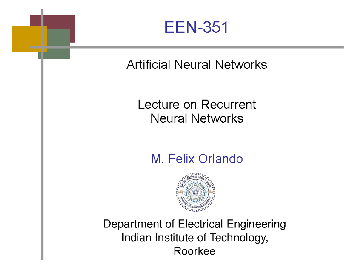 ANN Lec14 RNN - nice - EEN- Artificial Neural Networks Lecture on Recurrent Neural Networks M ...