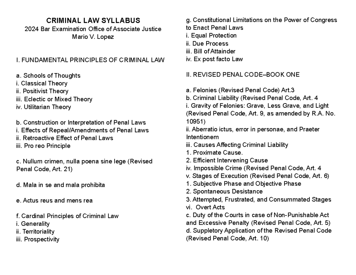 Criminal Law syllabus - CRIMINAL LAW SYLLABUS 2024 Bar Examination ...