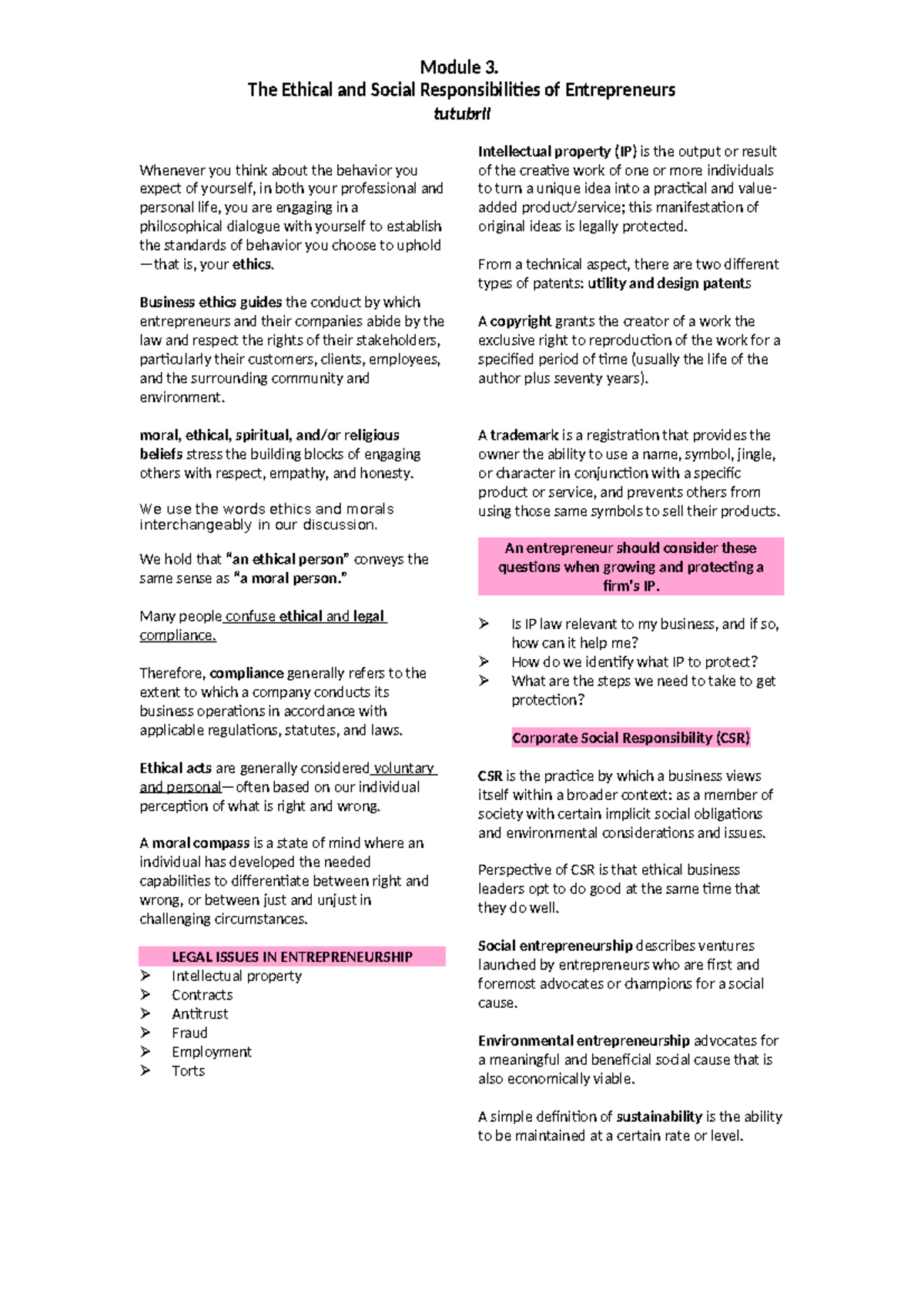 Mod3 reviewer - ENTREP - Module 3. The Ethical and Social ...