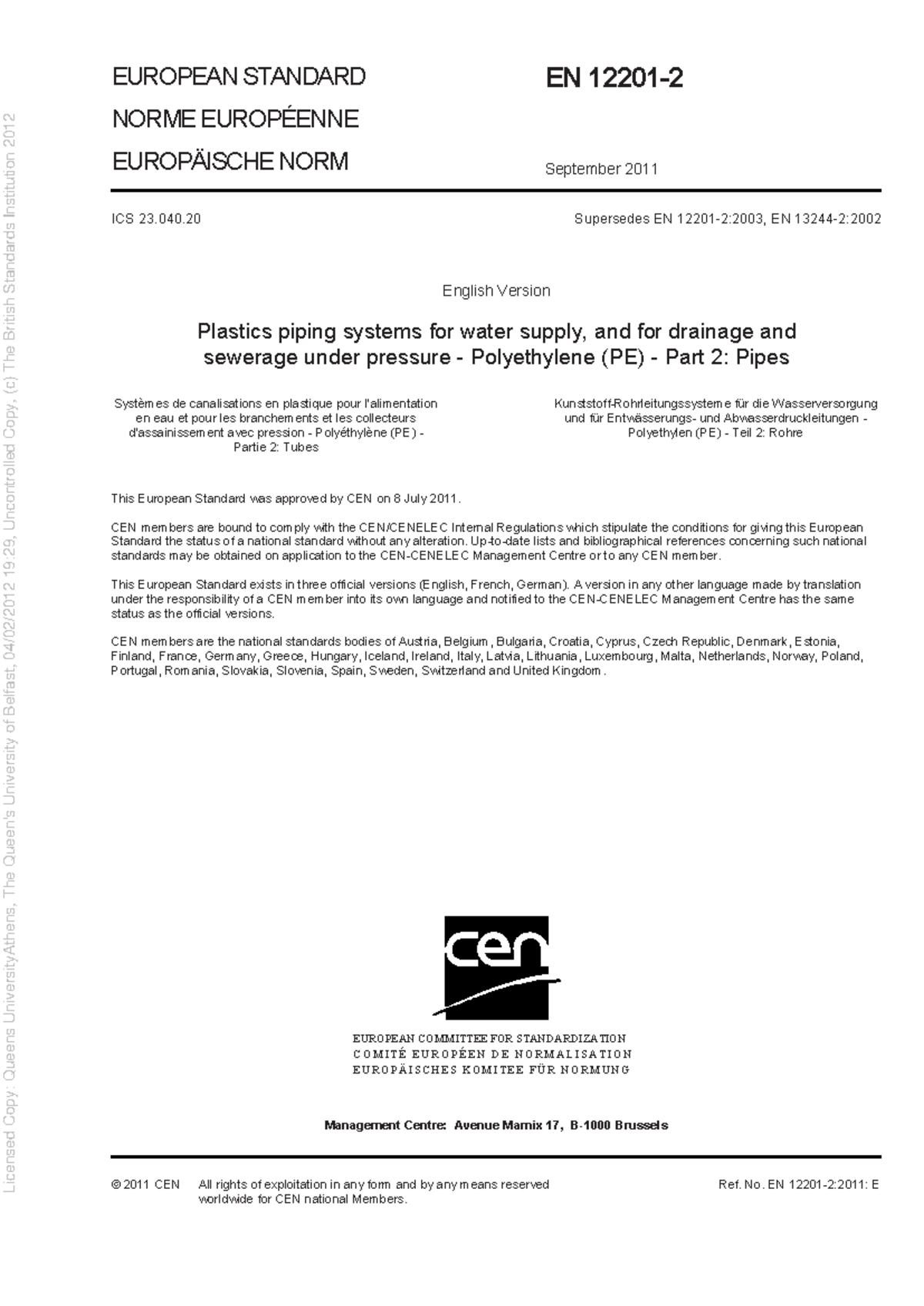 BS EN 12201-2 - 2011 - EUROPEAN STANDARD NORME EUROPÉENNE EUROPÄISCHE ...