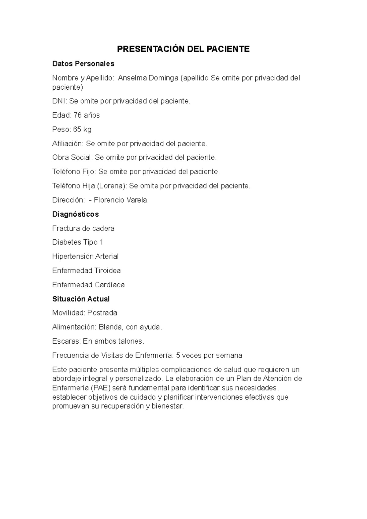 Paciente - ok es un modelo de pratica - PRESENTACIÓN DEL PACIENTE Datos ...