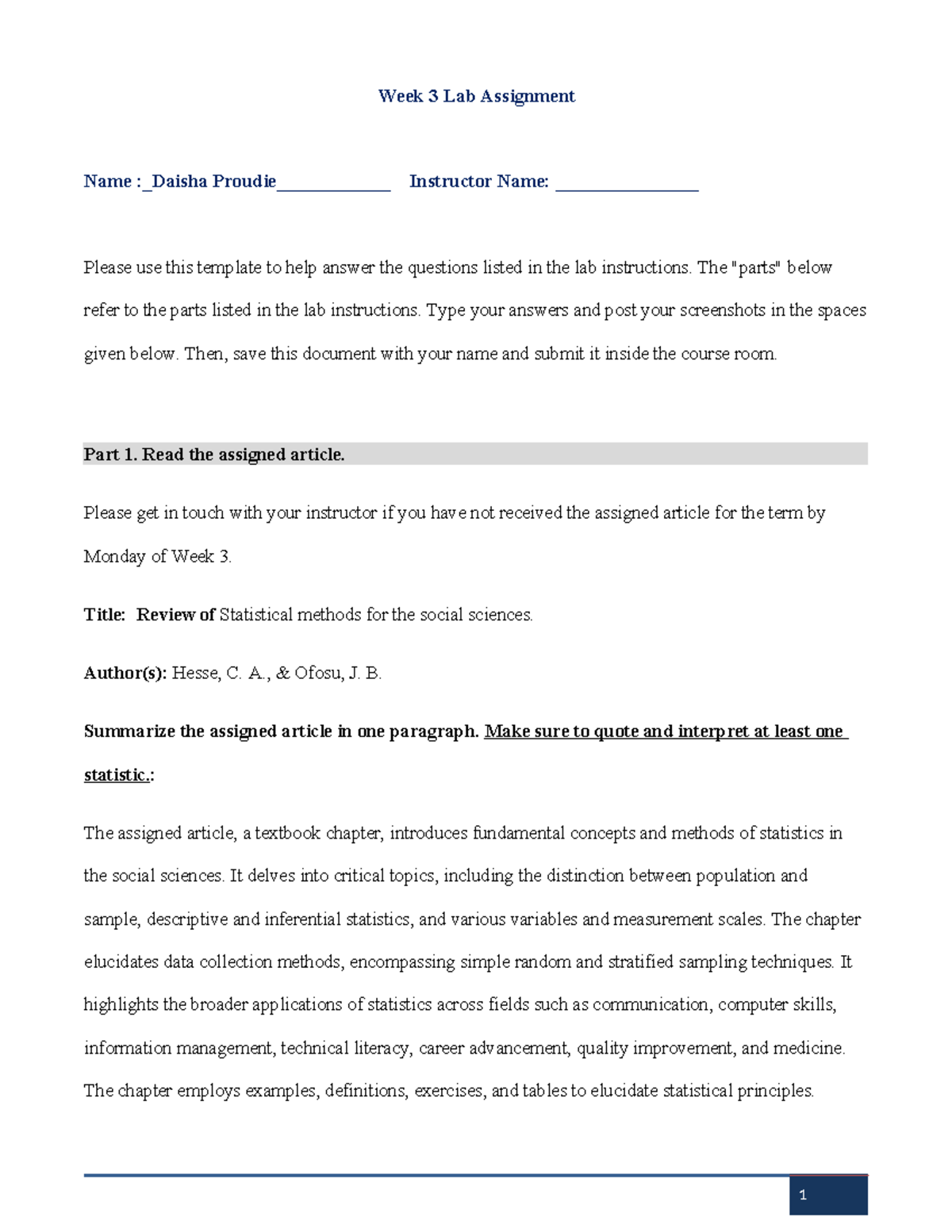 Week 3 Lab Official Student Templateedited - Week 3 Lab Assignment Name :Daisha Proudie ...