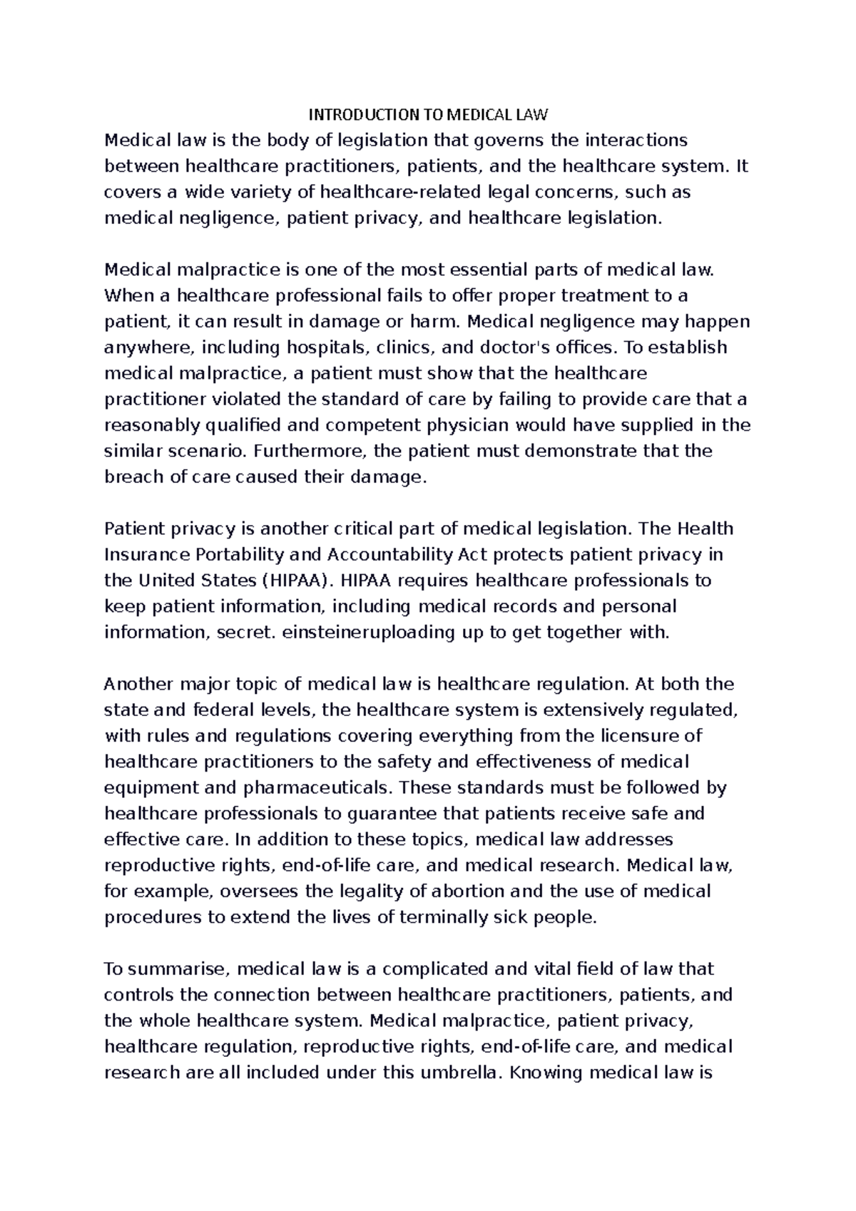 Introduction TO Medical LAW - INTRODUCTION TO MEDICAL LAW Medical law ...