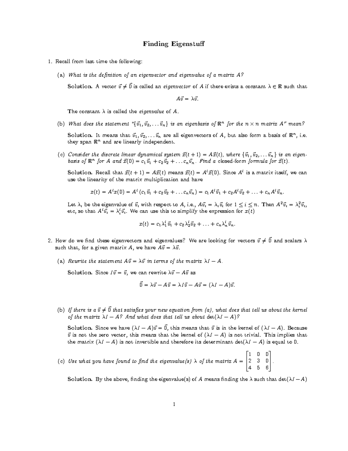 Math 133 Worksheet Solutions 21 - Finding Eigenstuff Recall from last ...