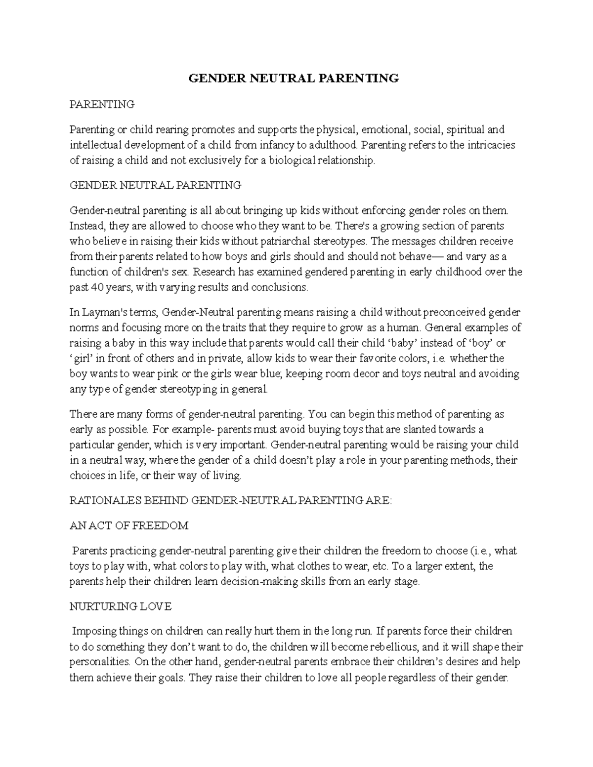 Gender Neutral Parenting - GENDER NEUTRAL PARENTING PARENTING Parenting ...
