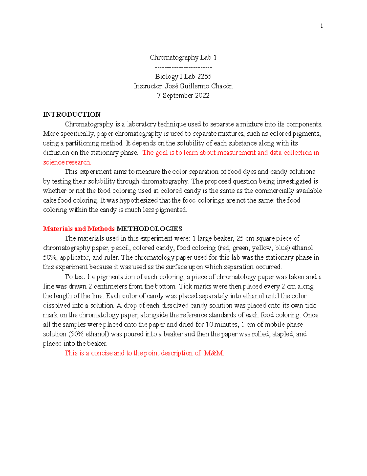 Example of a Corrected Report - Chromatography Lab 1 - Biology I Lab ...