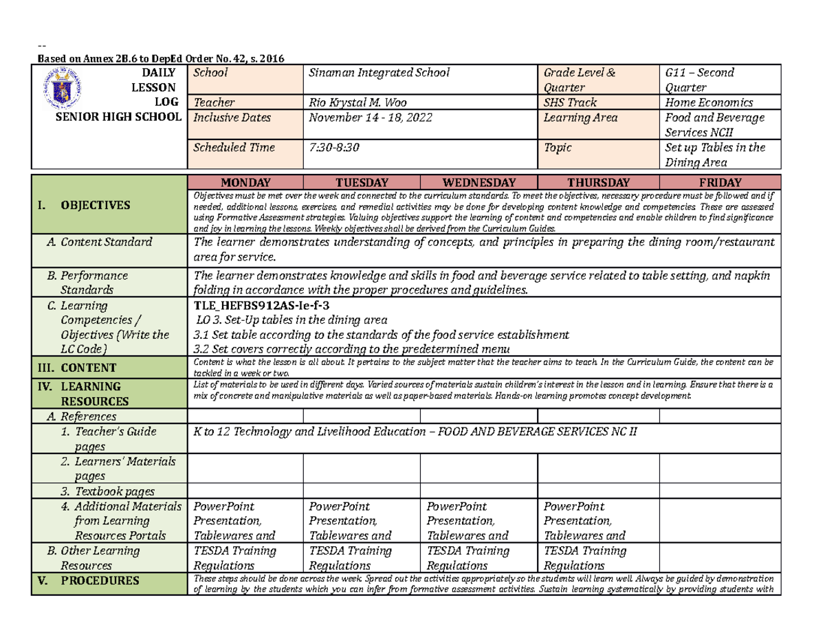 Week 2 FBS - Interesting - Based on Annex 2B to DepEd Order No. 42, s ...