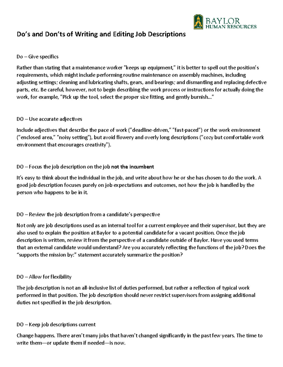 Editing Job Descriptions - Be careful, however, not to begin describing ...