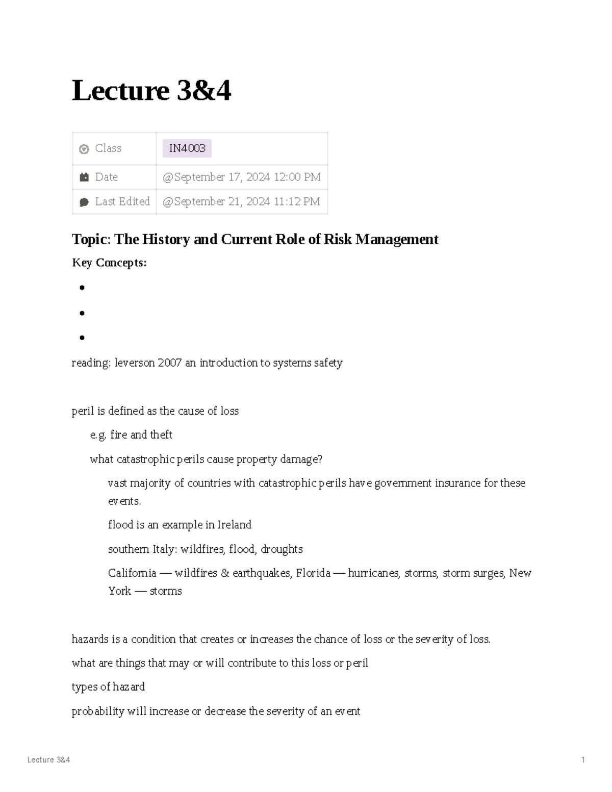 IN4003 WK 2 LEC3&4 - notes - Lecture 3& Class IN Date Last Edited Topic ...