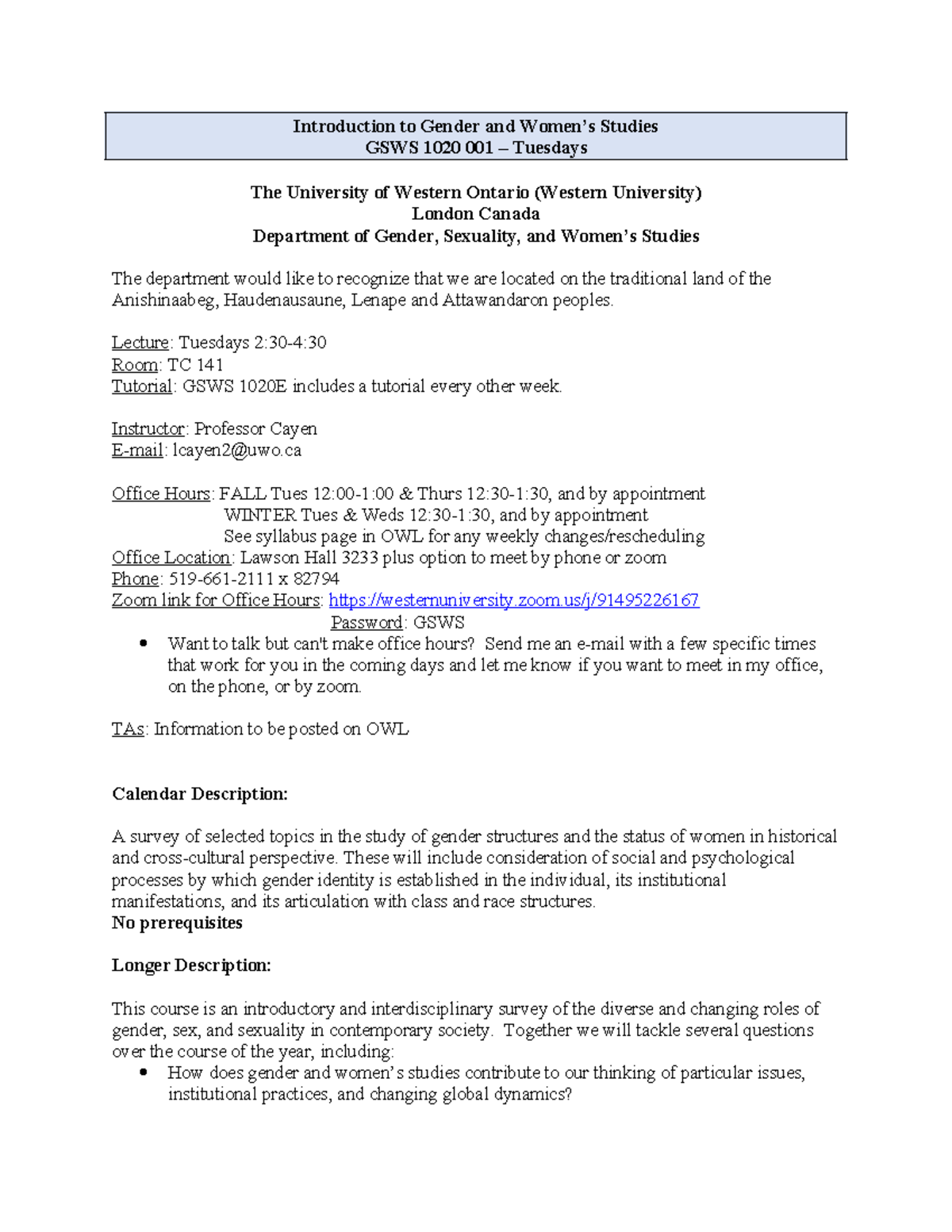 GSWS1020 - 2023-2024 - Introduction to Gender and Women s Studies ...