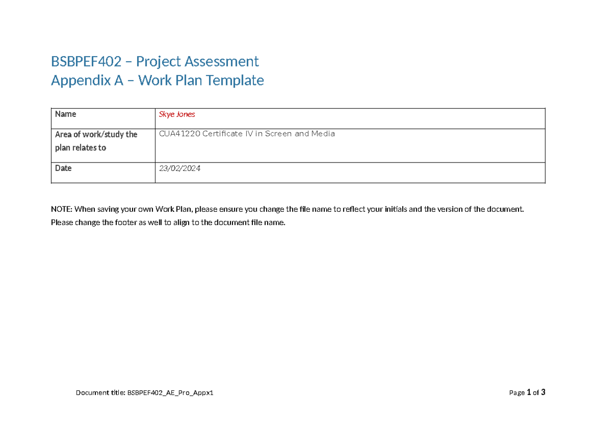 Work plan version 1 - Successfully passed answers for module BSBPEF402 ...