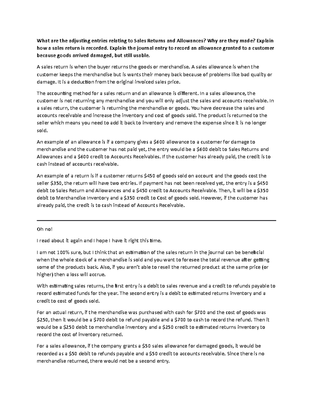 Sales Returns And Allowances Explain The Journal Entry To Record An