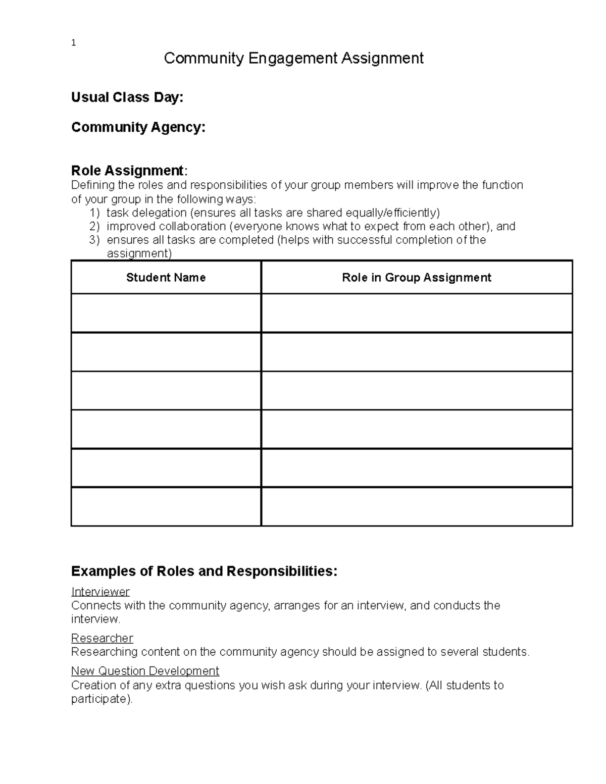 Community Engagement Assignment Student Role and Questions - 1 ...